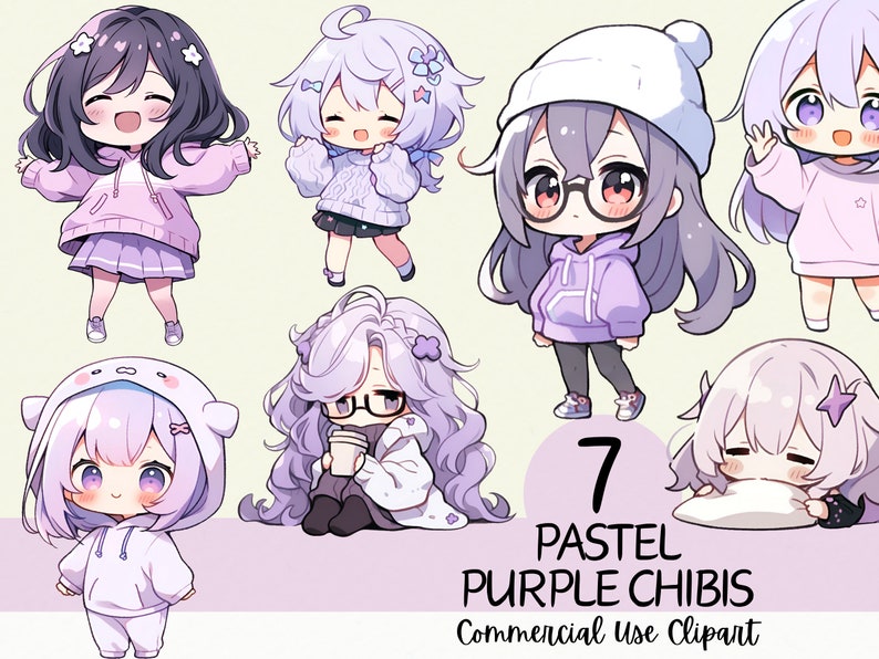 7 Kawaii Pastel Purple Chibi Clipart: Scrapbook & Planner PNG ...