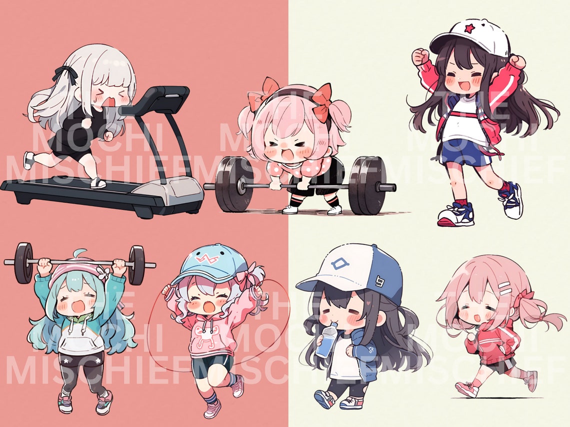 7 Kawaii Fitness Chibi Clipart Bundle - Commercial Use and Transparent Background PNG for ...