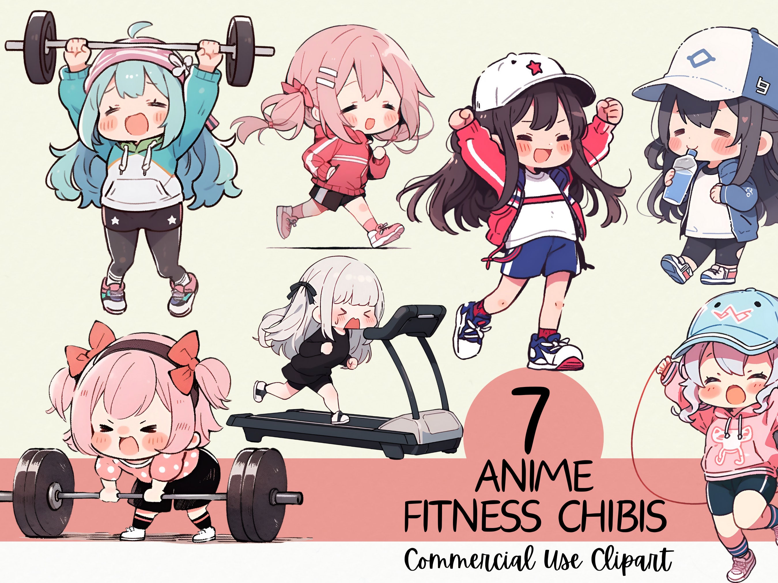 7 Kawaii Fitness Chibi Clipart Bundle - Commercial Use and Transparent ...