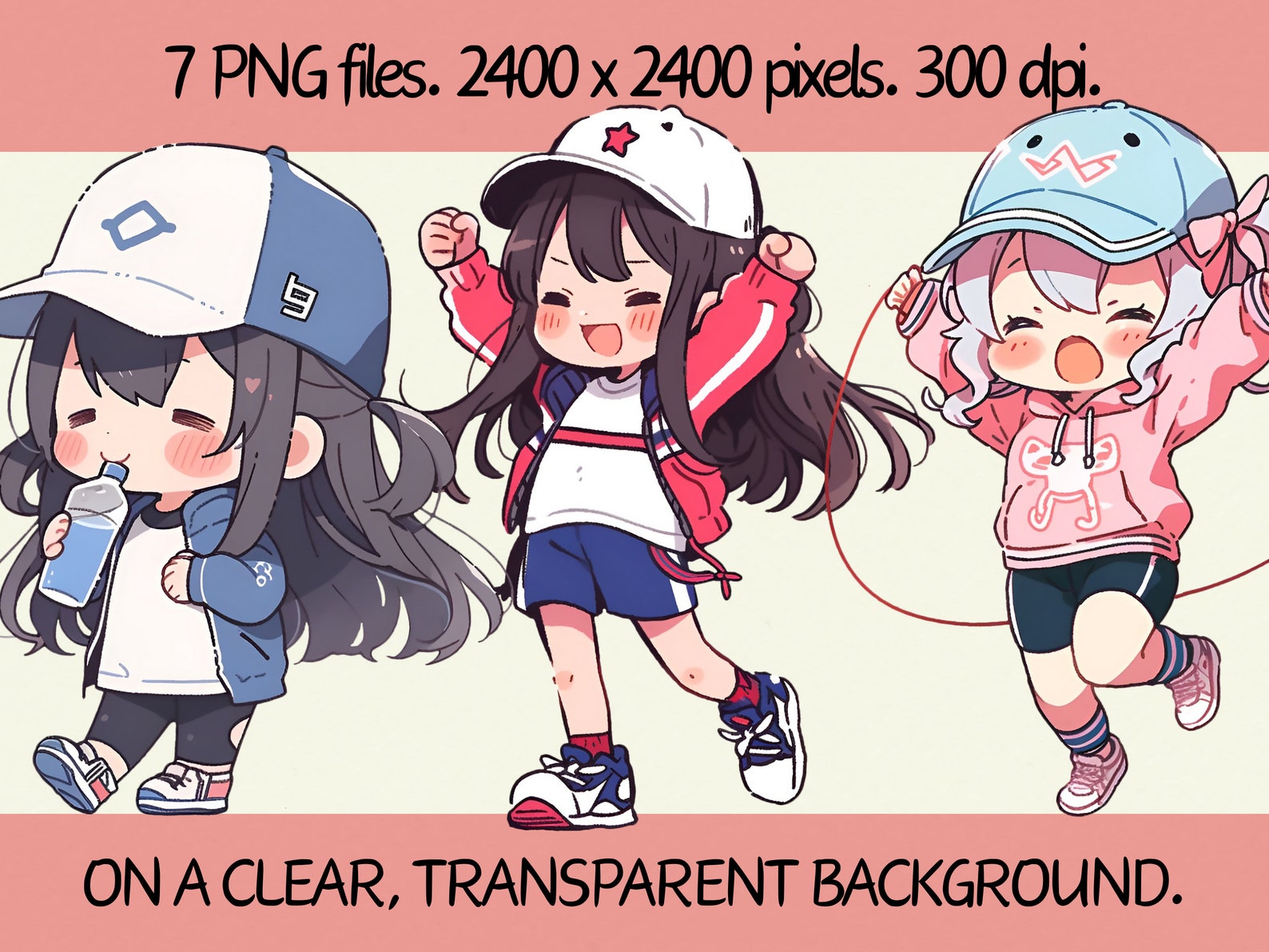 7 Kawaii Fitness Chibi Clipart Bundle - Commercial Use and Transparent ...