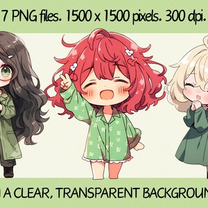 7 Adorable Kawaii Green Chibi Clipart Bundle - Commercial Use and ...