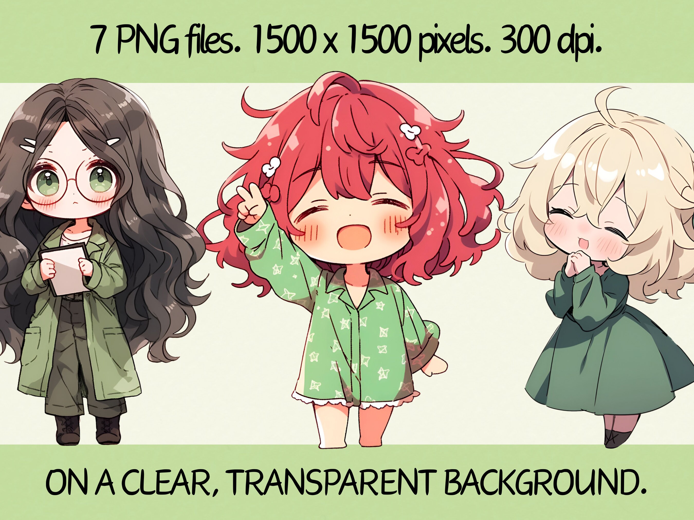 7 Adorable Kawaii Green Chibi Clipart Bundle - Commercial Use and ...