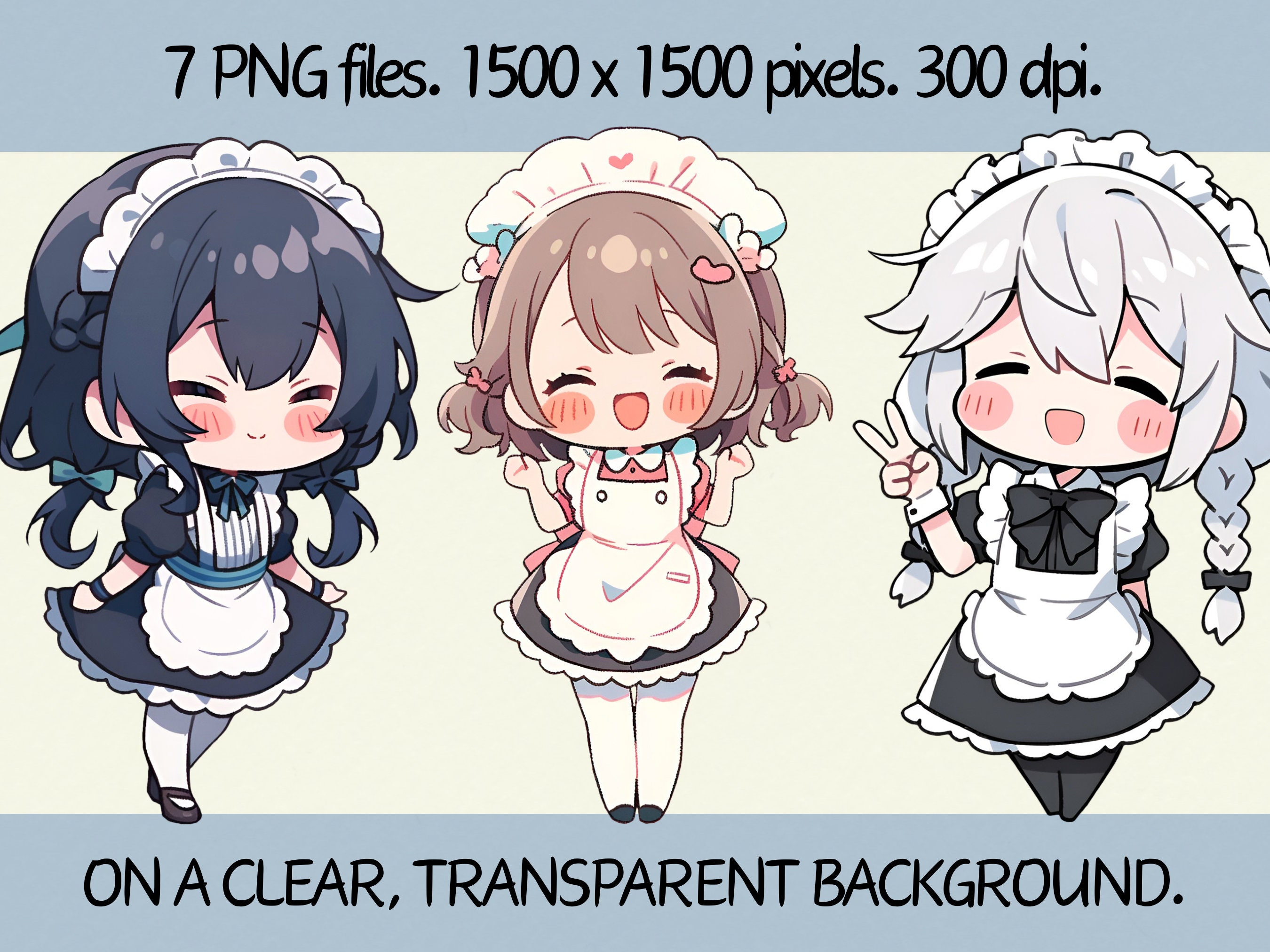 7 Kawaii Chibi Maids Clipart Bundle Commercial Use Transparent ...