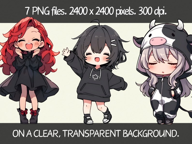 7 Adorable Kawaii Chibis in Black Clipart Bundle Commercial Use and ...