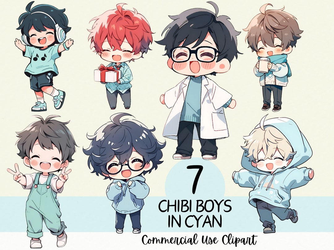 Cute Chibi Boys in Cyan Clipart Pack - Adorable Nursery Decor | Kawaii ...