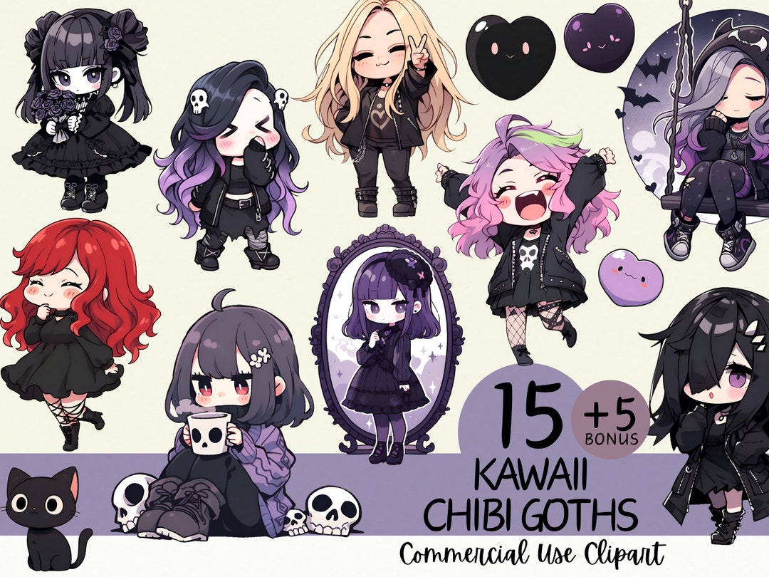 15 Kawaii Chibi Gothic Girls Clipart Bundle - Commercial Use ...