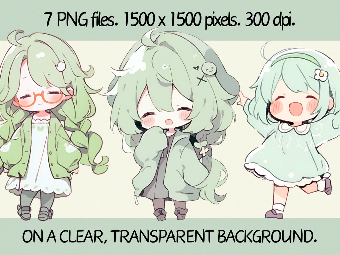 7 Adorable Kawaii Pastel Green Chibi Cliparts - Commercial Use and ...