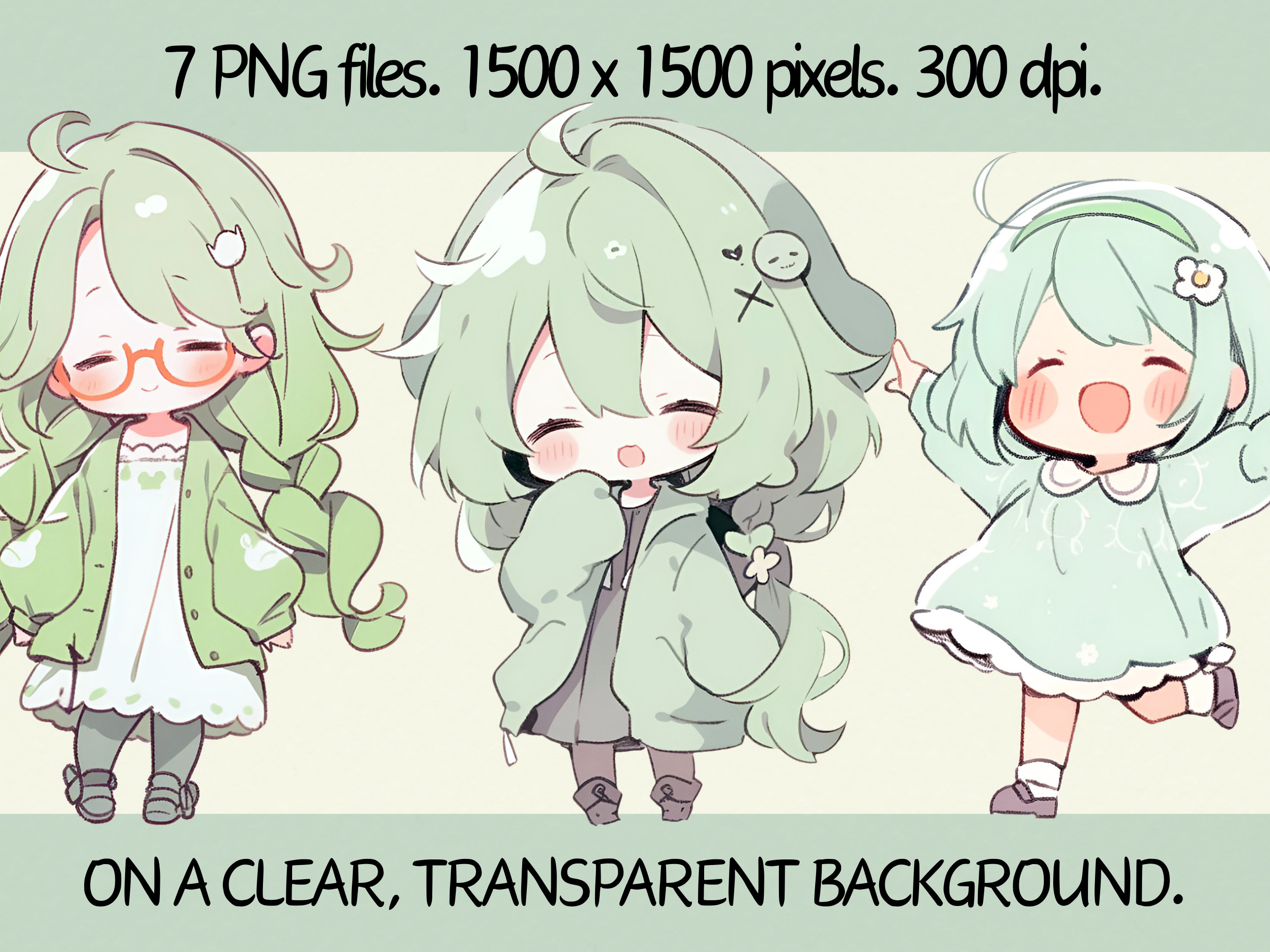 7 Adorable Kawaii Pastel Green Chibi Cliparts - Commercial Use and ...