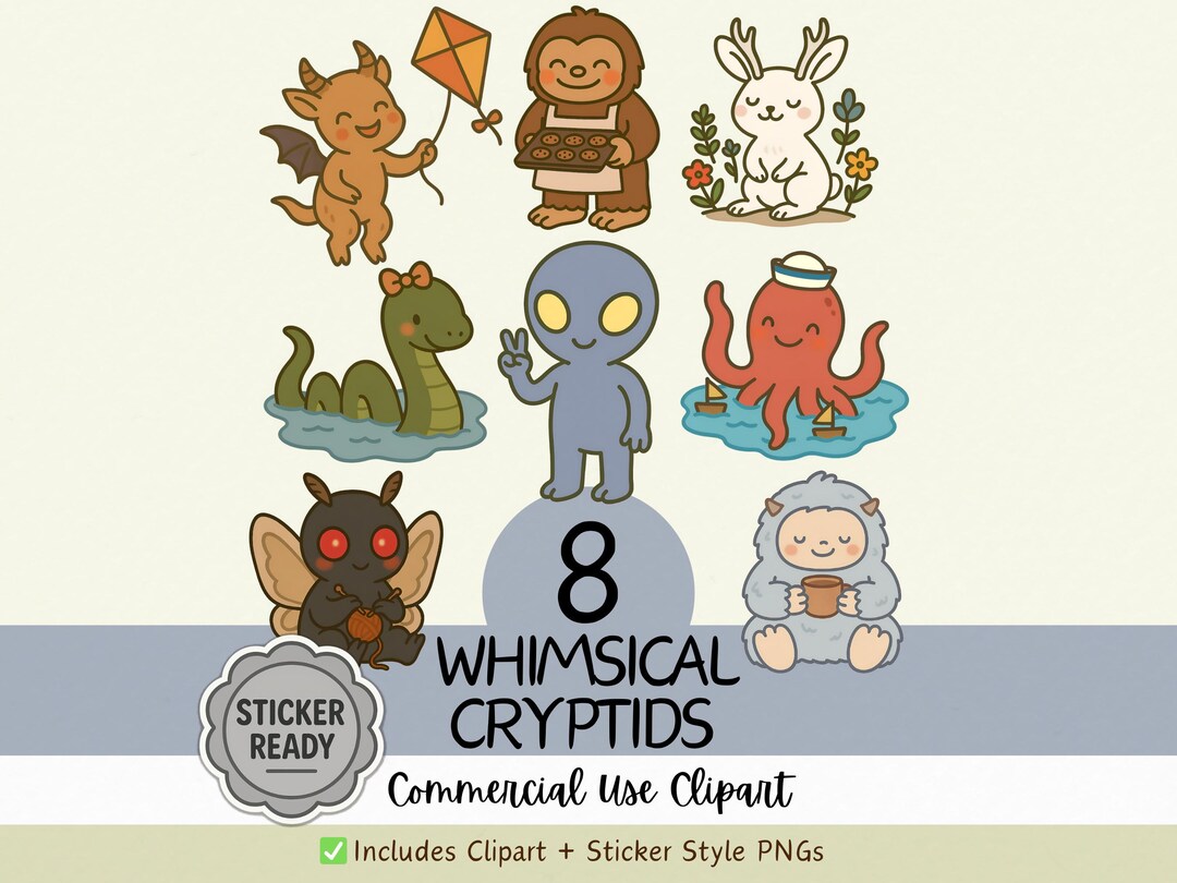 Whimsical Cryptid Cliparts – 8 Cute Kawaii Monsters and Creatures ...