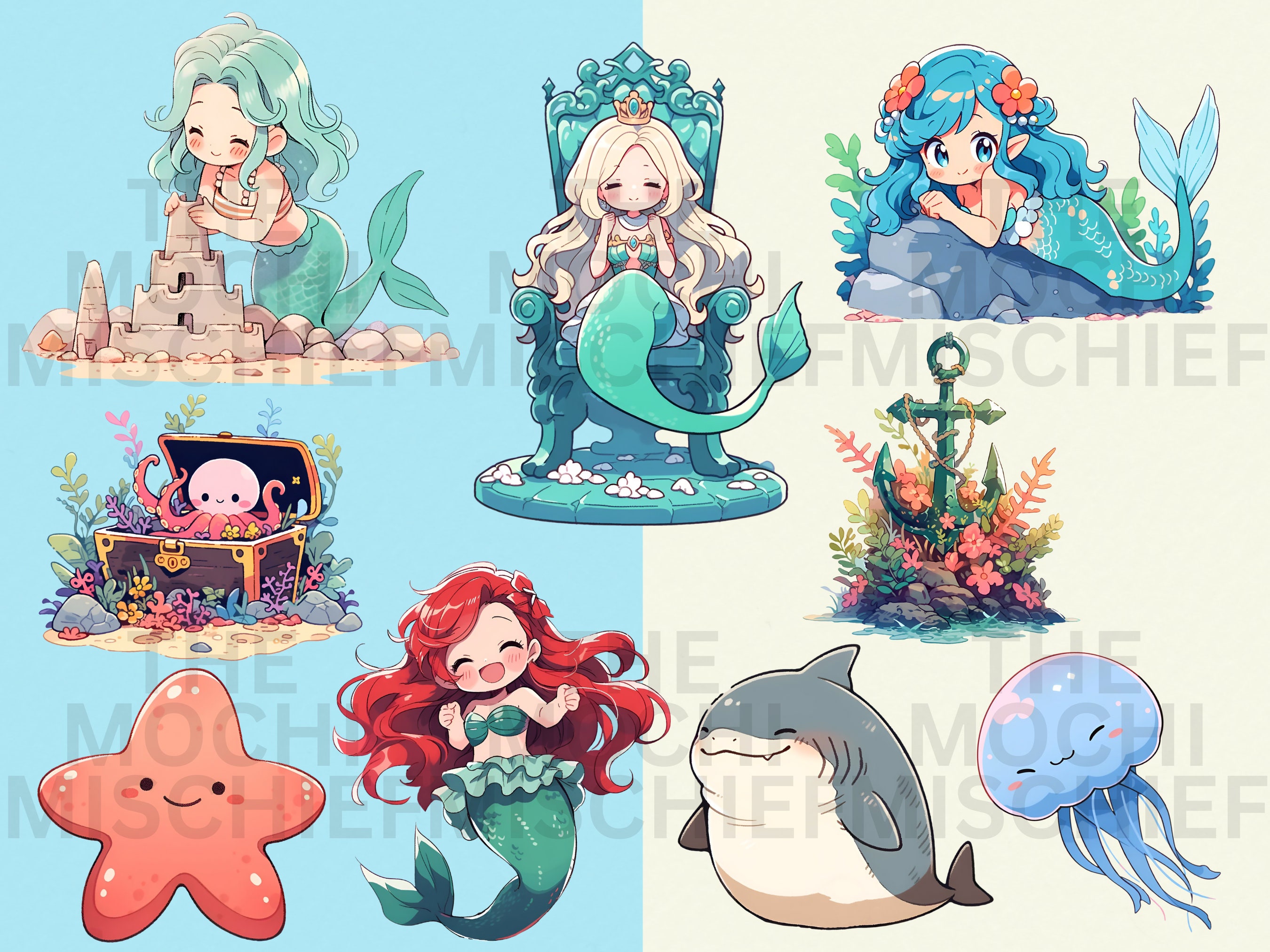 Mermaid Clipart: 21 Kawaii Chibi Ocean Illustrations (digital Download ...