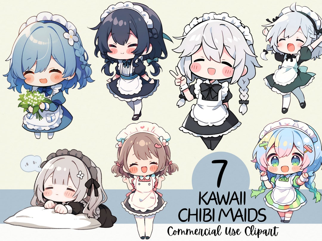 7 Kawaii Chibi Maids Clipart Bundle Commercial Use Transparent ...