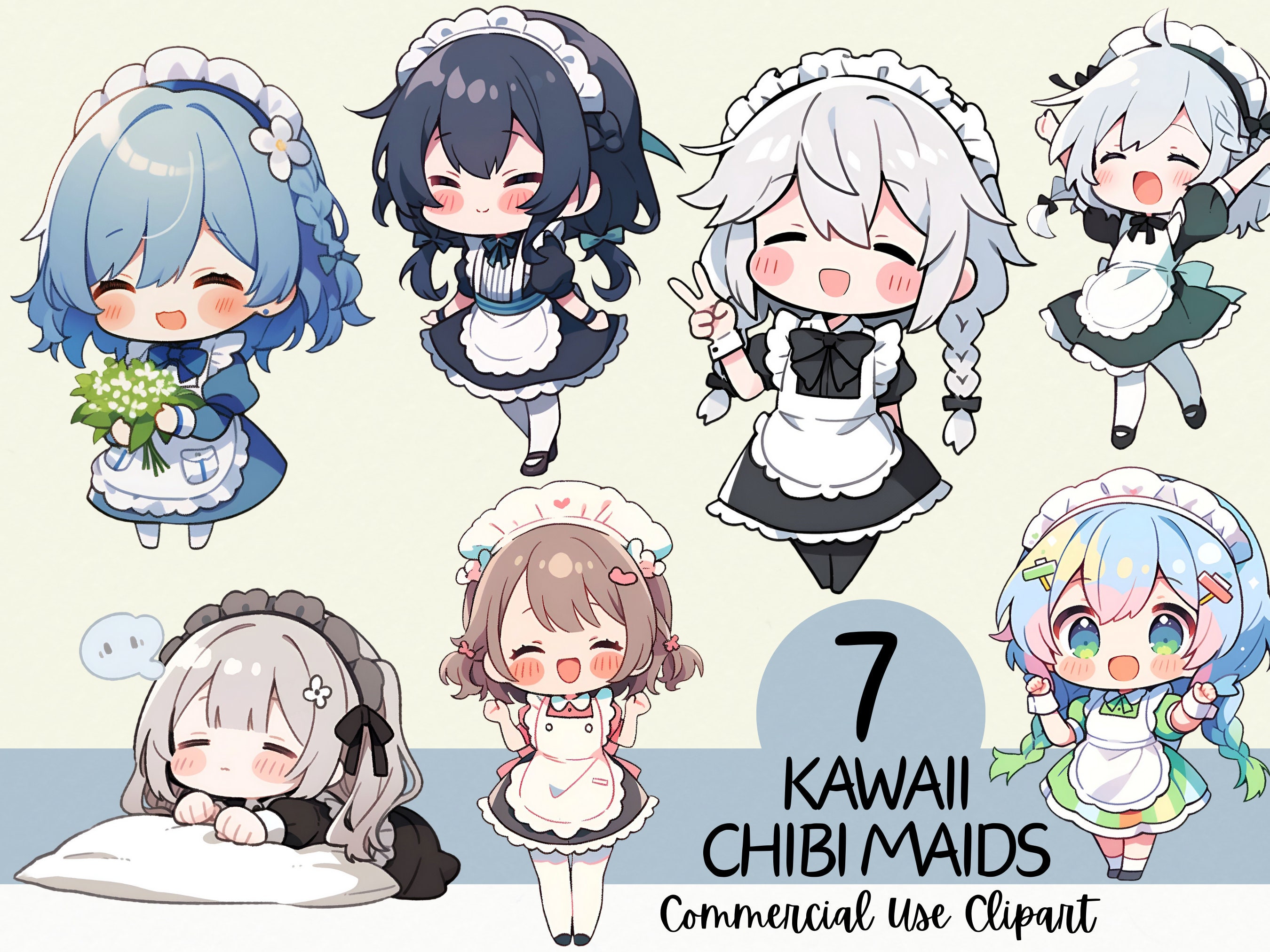 7 Kawaii Chibi Maids Clipart Bundle Commercial Use Transparent ...