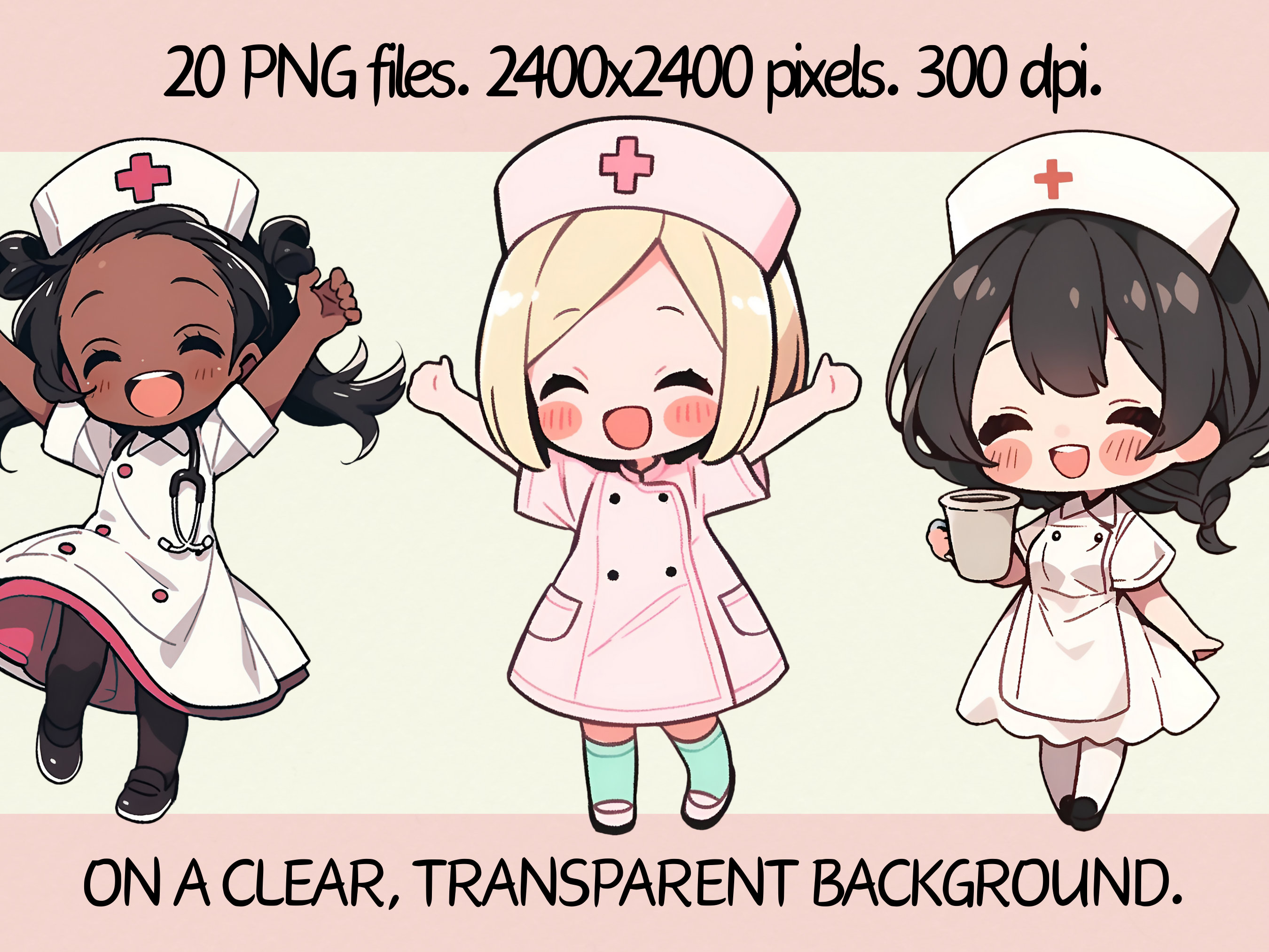 15 Kawaii Chibi Nurses Clipart Bundle Commercial Use and Transparent ...