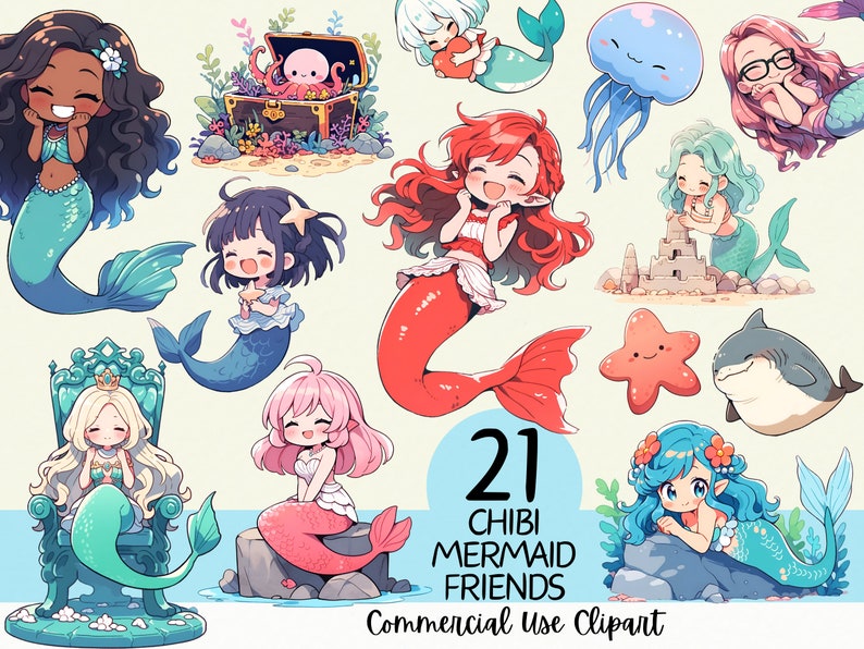 Mermaid Clipart: 21 Kawaii Chibi Ocean Illustrations (digital Download ...