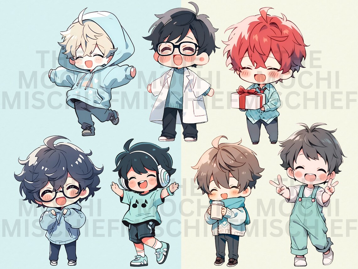Cute Chibi Boys in Cyan Clipart Pack Adorable Nursery Decor Kawaii ...