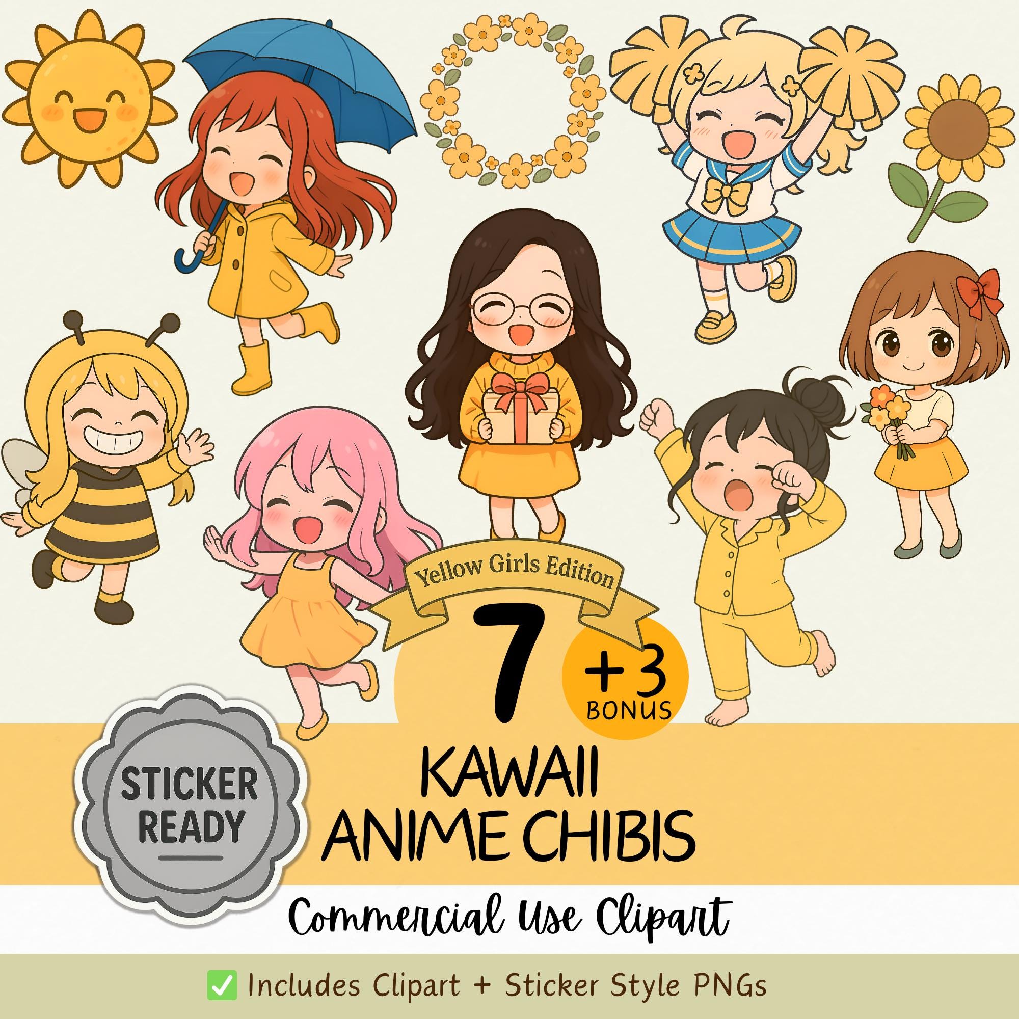 Kawaii Chibi Clipart Pack – Yellow Anime Girl PNG Bundle for Printable ...