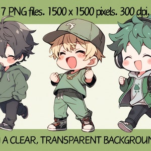 7 Cute Anime Chibi Boys in Green Clipart Pack - Commercial Use and ...
