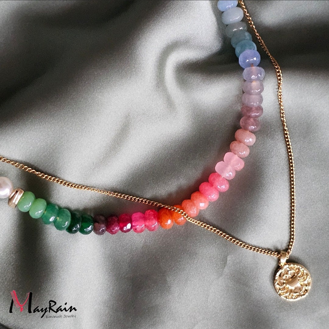 Rainbow Jade Gemstone Candy Crystal Necklace Boho Chunky Unique ...