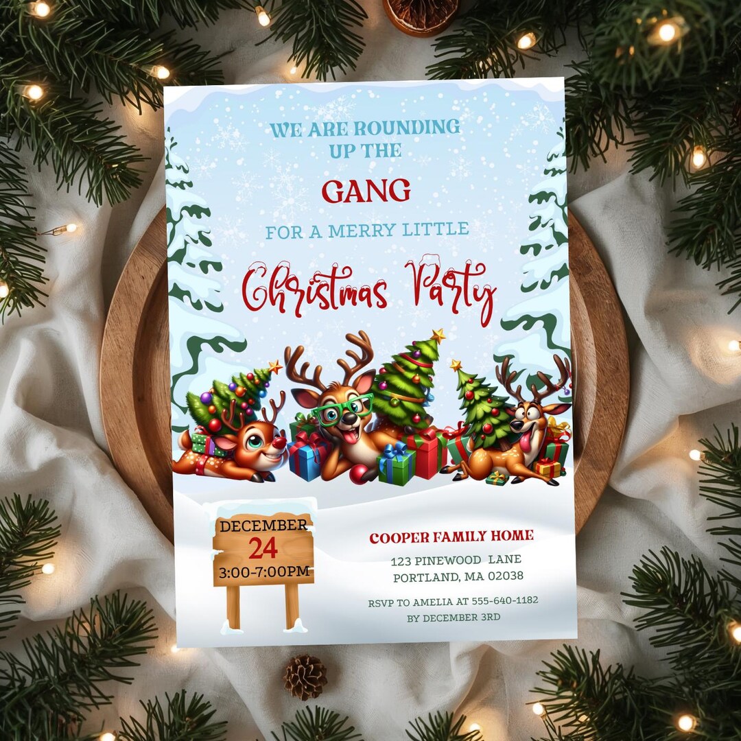 Reindeer Christmas Party Invitation • We're Rounding up the Gang ...