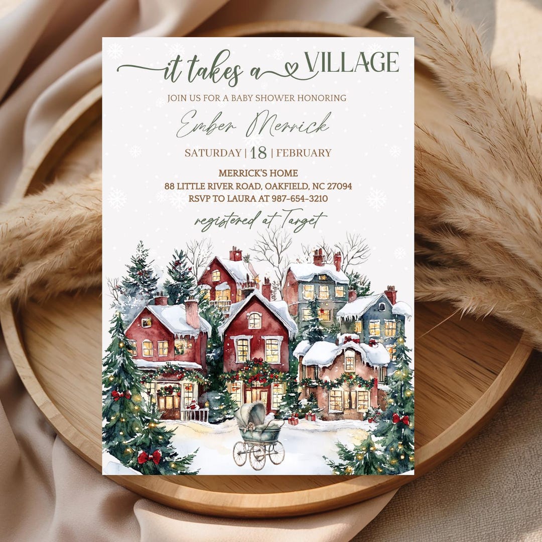 It Takes A Village Baby Shower Invitation • Winter Village Baby Shower ...