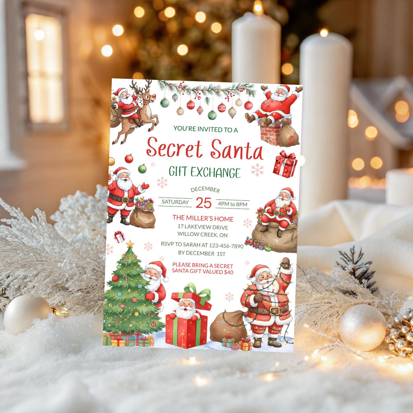 Editable Secret Santa Gift Exchange Invitation • Secret Santa Gift ...