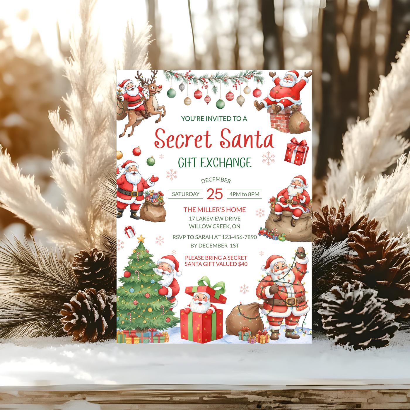 Editable Secret Santa Gift Exchange Invitation • Secret Santa Gift ...