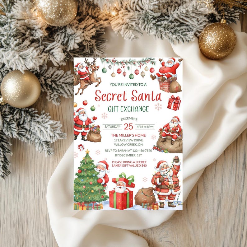 Editable Secret Santa Gift Exchange Invitation • Secret Santa Gift ...
