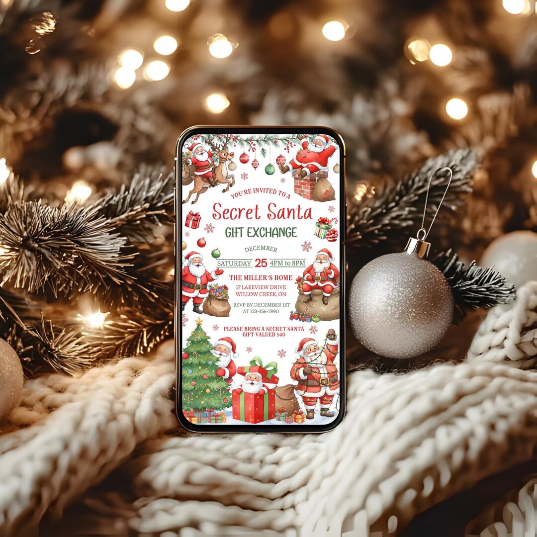 Editable Secret Santa Gift Exchange Phone Invitation • Xmas Gift ...