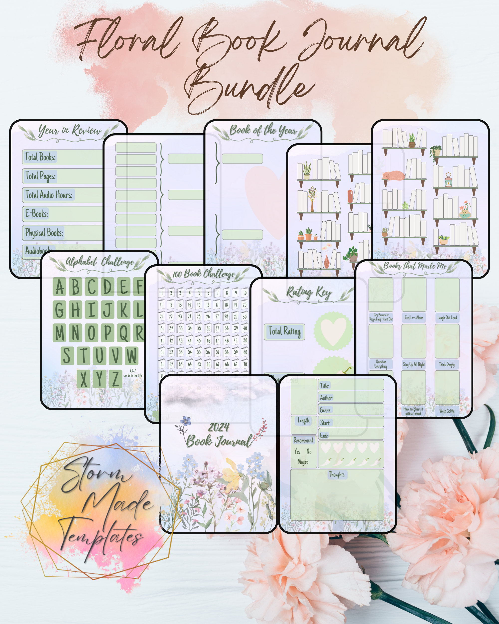 A5 Printable Floral Book Journal Tracker Log Bundle Template Digital ...