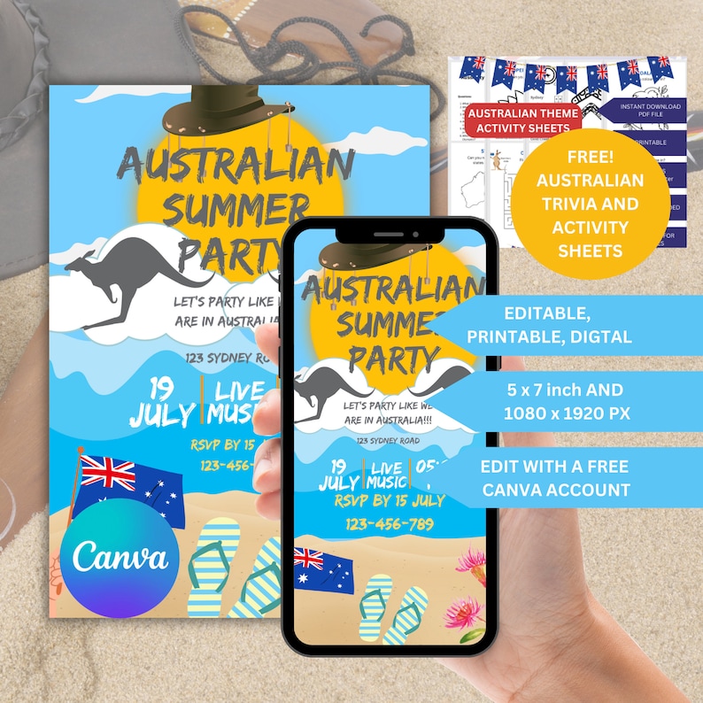 Editable Australia Theme Party Invitation - Printable & Digital ...