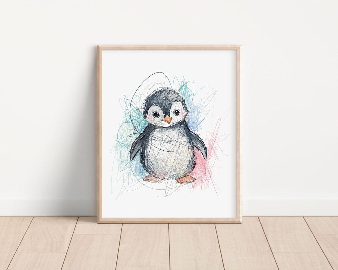 Cute Scribbled Penguin Art Print, Animal Art Decor, Baby Room Art, Kids ...