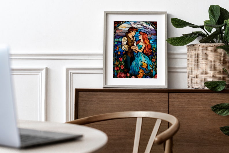Little Mermaid Stained Glass Art Print, Ariel and Eric Art Print ...