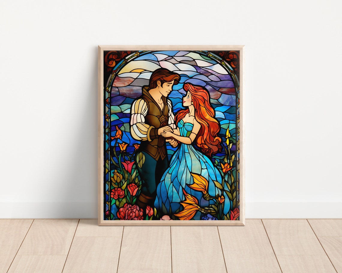 Little Mermaid Stained Glass Art Print, Ariel and Eric Art Print ...