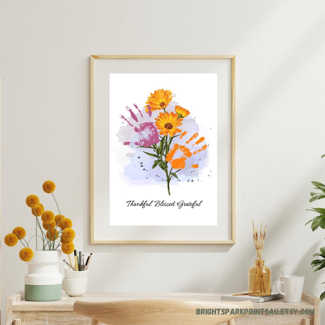 Thankful Blessed Grateful Handprint Art Flower Bouquet Thanksgiving ...
