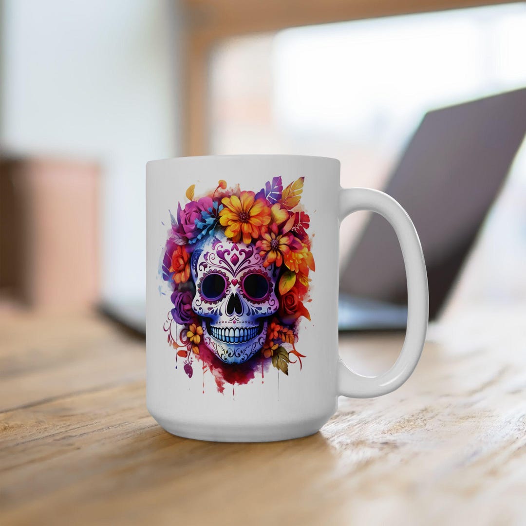 Floral Sugar Skull Coffee Cup, Day of the Dead Mug Gift, Colorful Skull ...