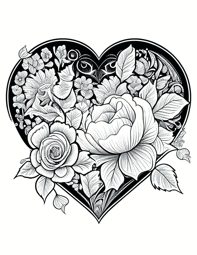 Valentine's Day Flower Heart Coloring Pages - Etsy