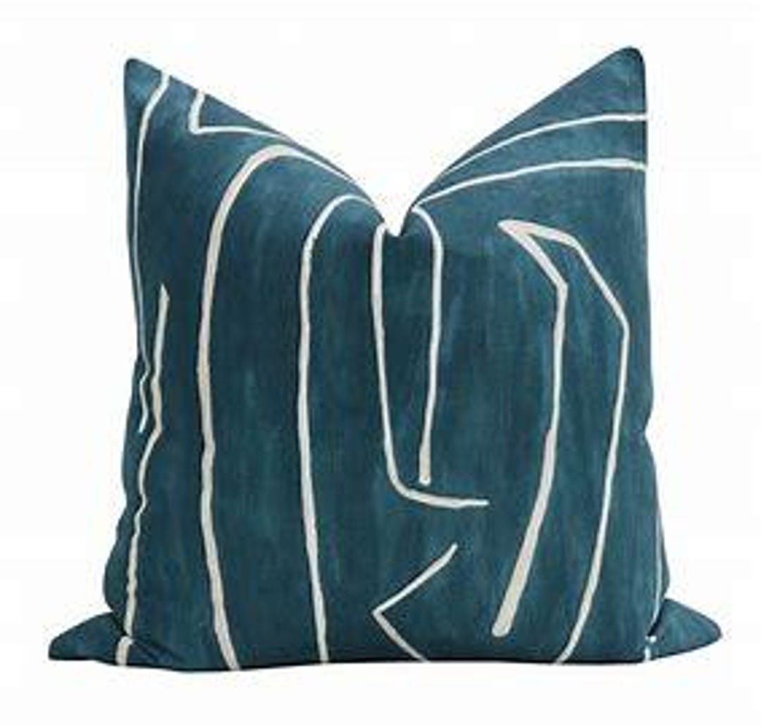 Teal and Ivory Graffito Lee Jofa Lumbar Pillow Cover With Piping, Final ...