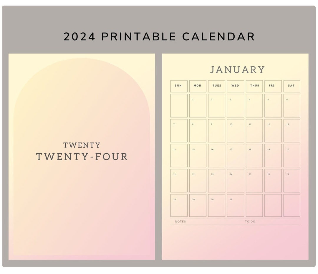 2024 Printable Calendar Pink Gradient Printable Calendar Aesthetic Wall ...