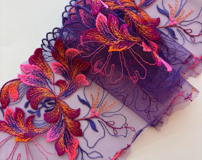 Purple- Pink Floral Embroidered Lace Trim 4 Inch Wide (10 Cm), Colorful ...
