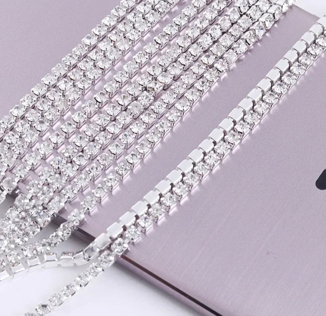 Silver Rhinestone Chain by Yard With Clear Crystal in Silver Setting-2. ...