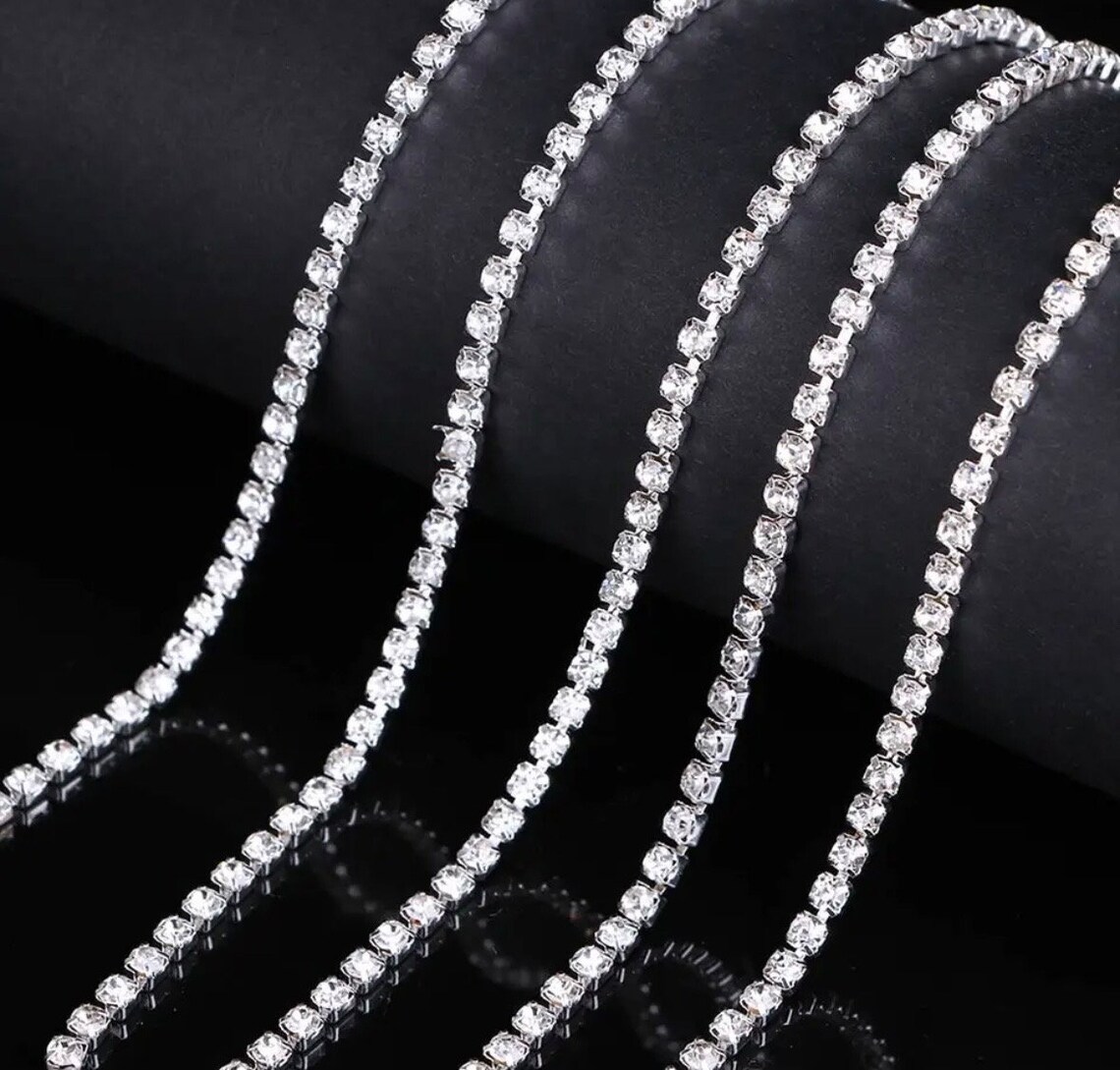 Silver Rhinestone Chain by Yard With Clear Crystal in Silver Setting-2. ...