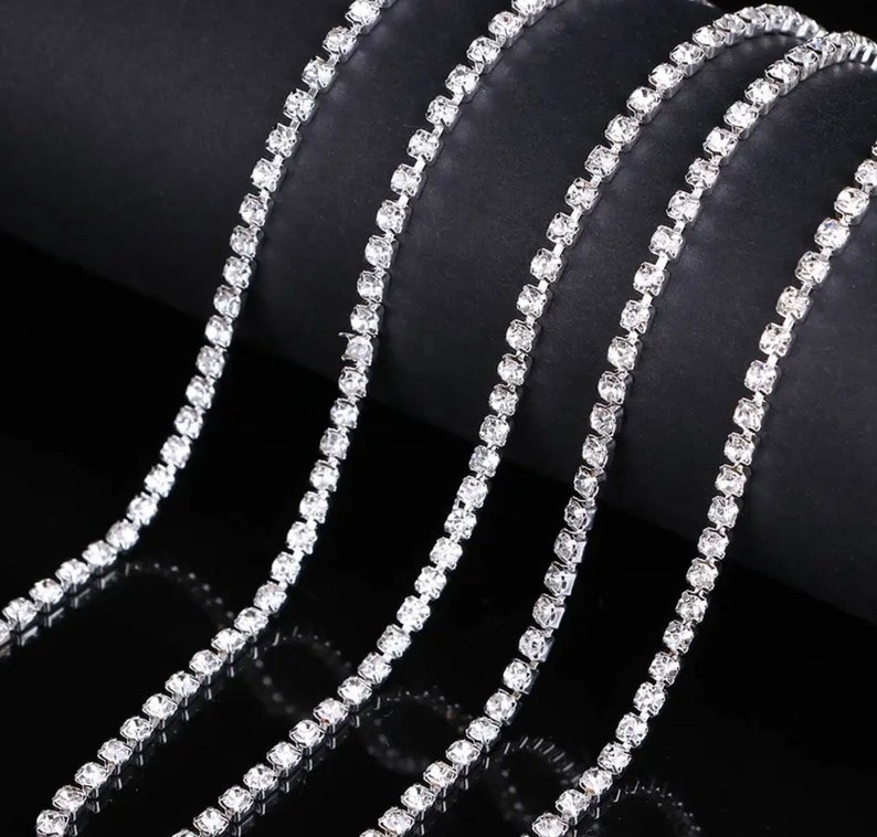 Silver Rhinestone Chain by Yard With Clear Crystal in Silver Setting-2. ...