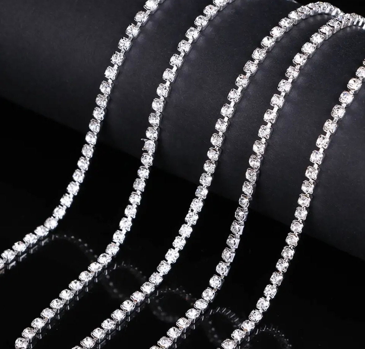 Silver Rhinestone Chain by Yard With Clear Crystal in Silver Setting-2. ...