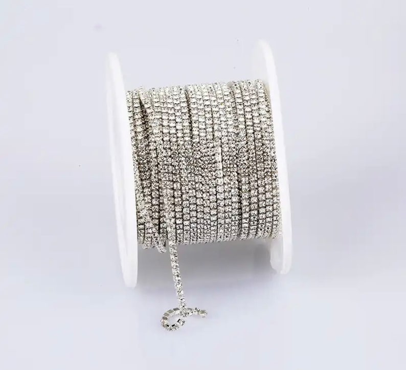 Silver Rhinestone Chain by Yard With Clear Crystal in Silver Setting-2. ...