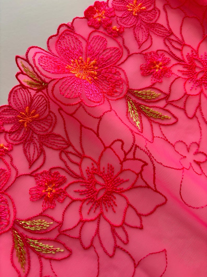 Encaje elástico bordado con flores rosa fucsia, de 18 cm de ancho (7 ...