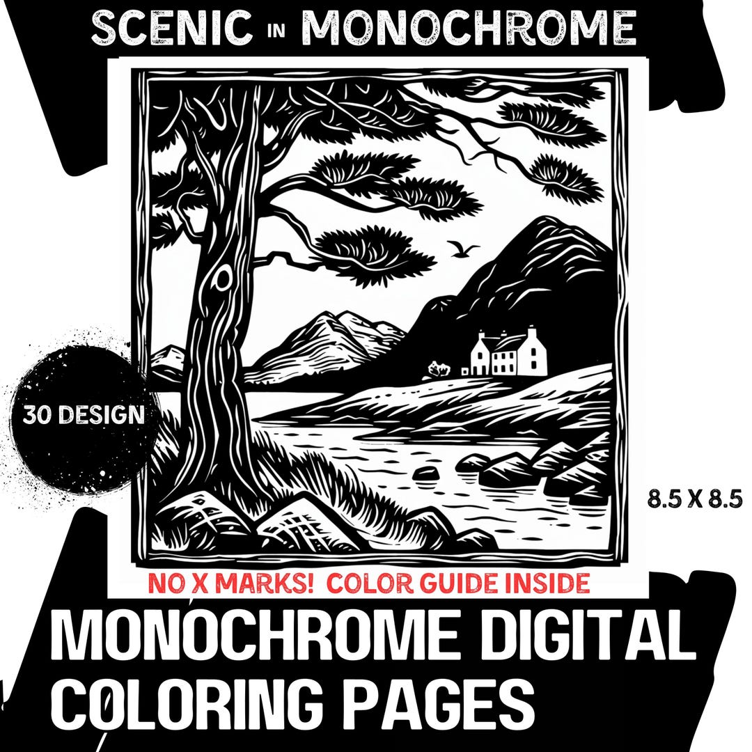 Scenic in Monochrome Coloring Pages: 30 Mindful Designs (digital ...