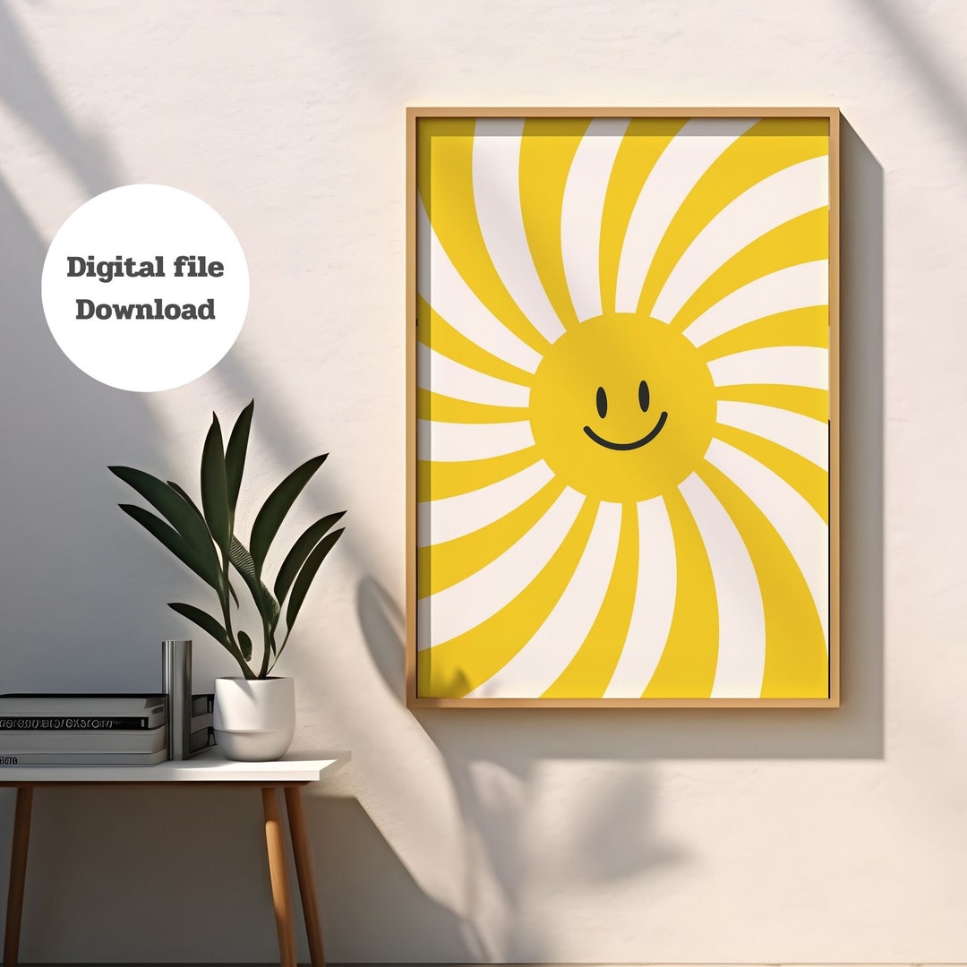 Happy Sun Printable,70s Sunshine Poster , Minimalist Print, Happy Face ...
