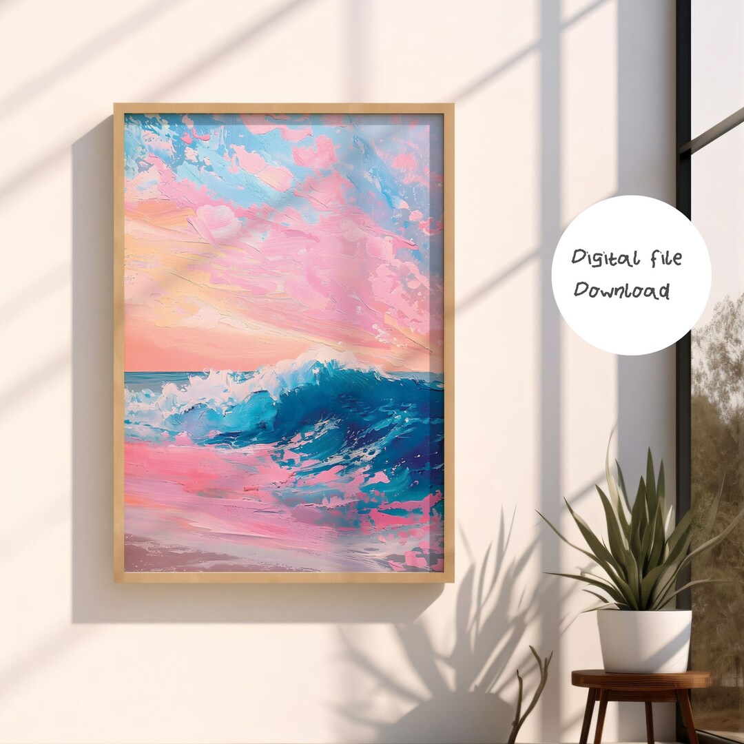 Ocean Wave Print,pink Coastal Print,colorful Abstract ,pink Preppy Wall ...