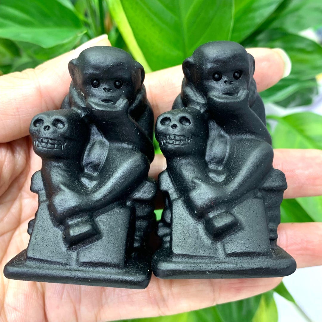 Black Obsidian Monkey Plus Figurine Hand Carved Quartz Crystal Animal ...