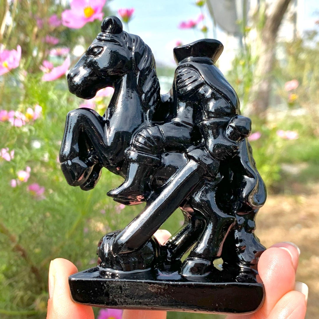 98mm Hand Carving Black Obsidian Horse Knight Skull Natural Crystal ...